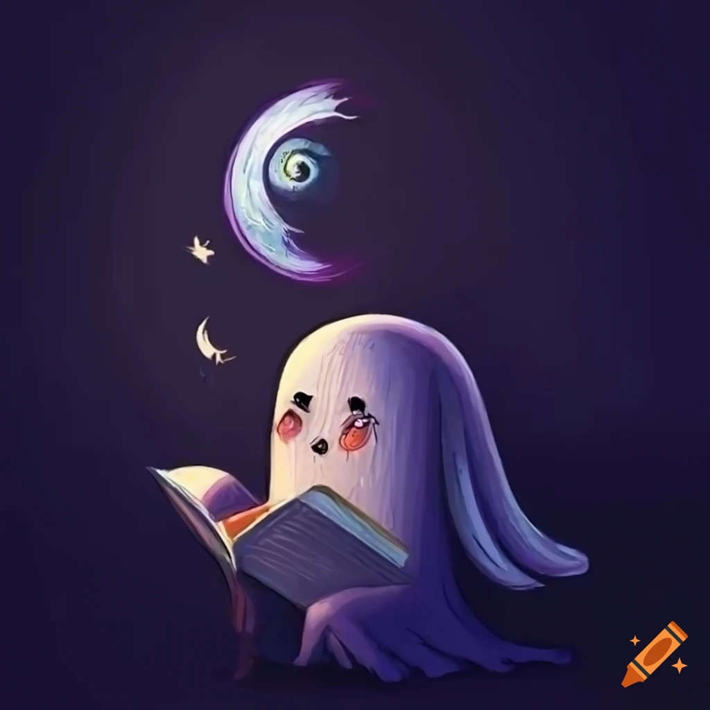 Ghost reading a book on top of the moon in a unique drawing on Craiyon