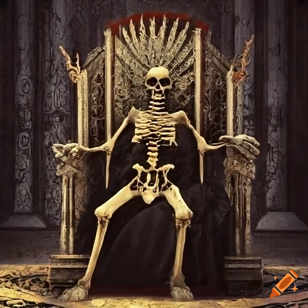 Skeleton king sitting on a throne in a ruined throne room with a mosaic ...