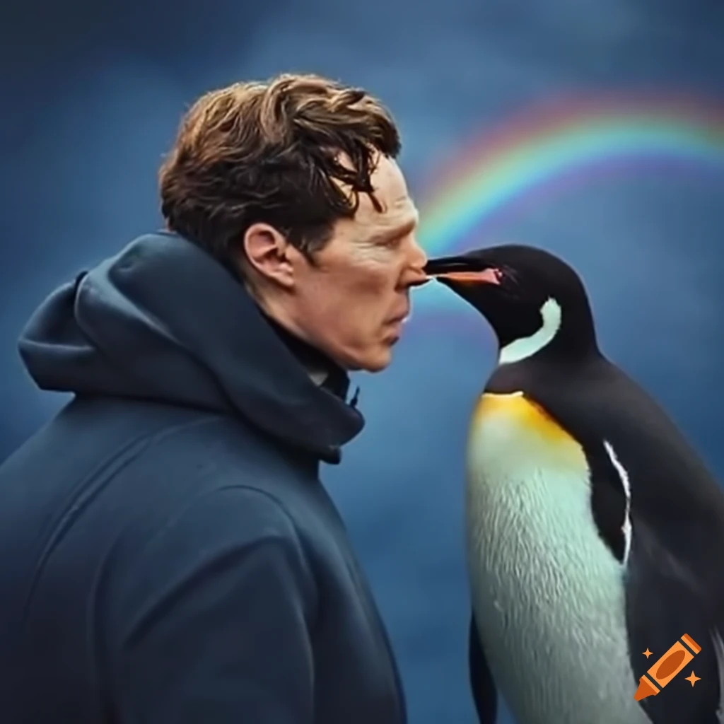 Benedict cumberbatch kissing a big penguin under a rainbow on Craiyon