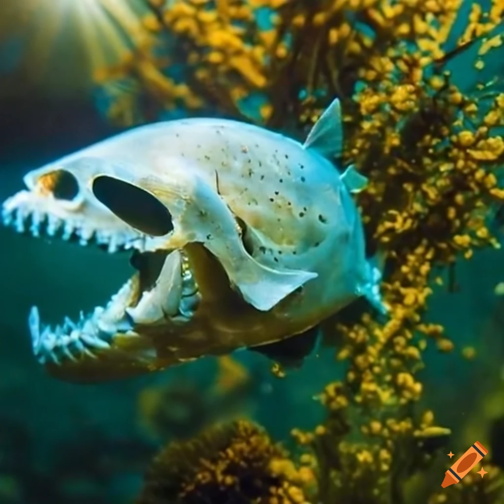 Alien creature skull resembling a piranha among corals under the sea on ...