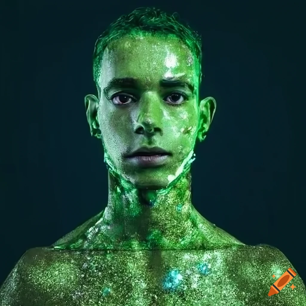 Photorealistic ai cyborg with a handsome green glitter hispanic male ...