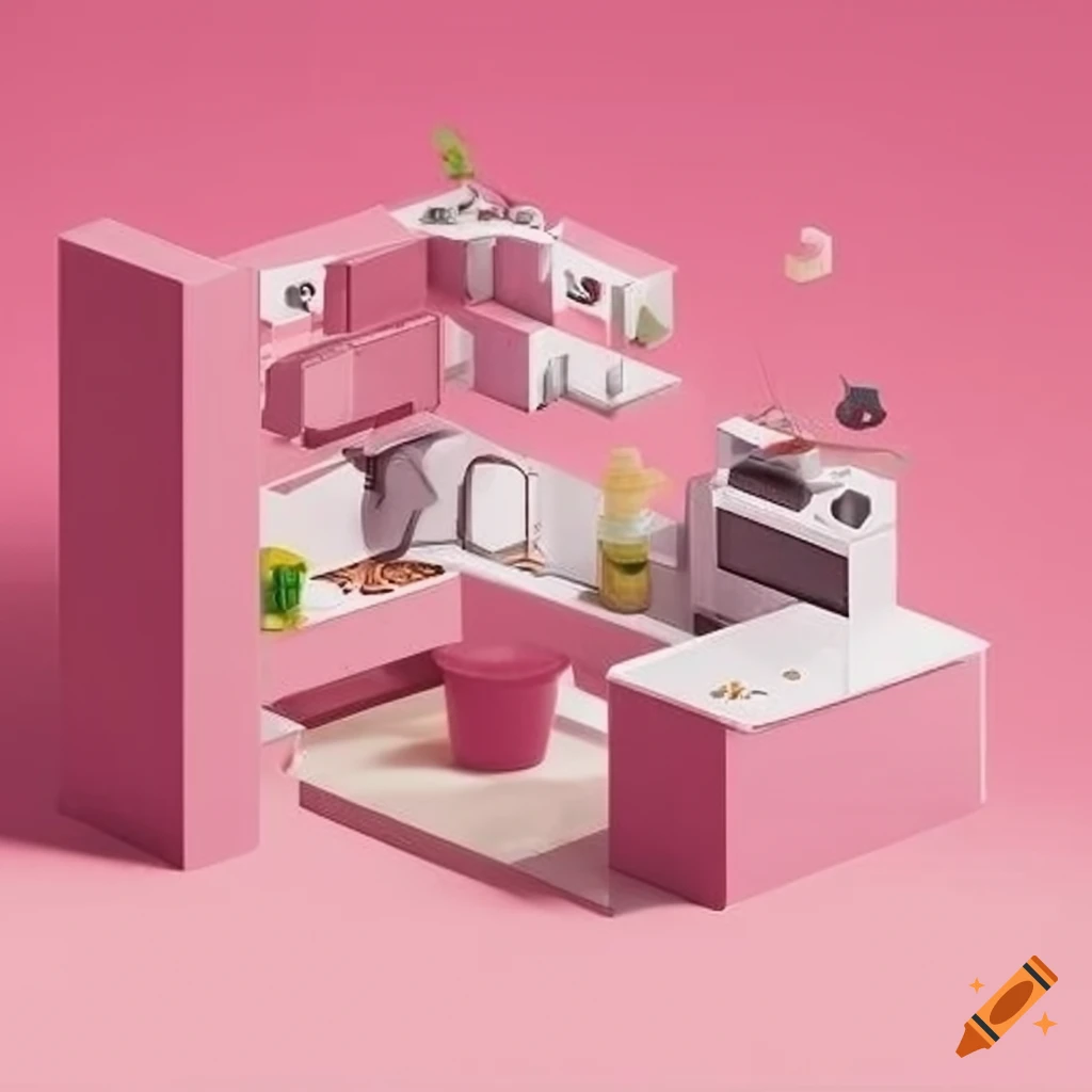 Pink isometric cozy cube room with a kitchen on Craiyon