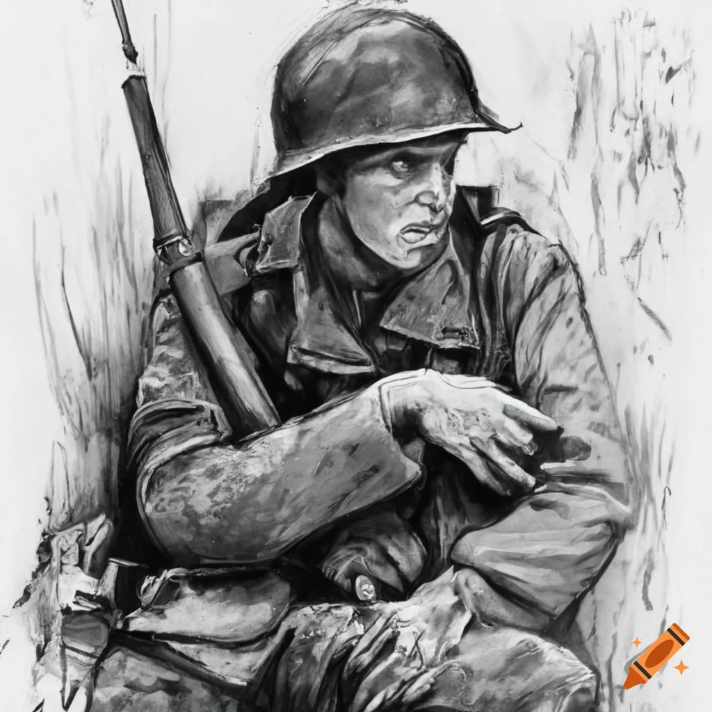 Somber portrait of a world war one soldier in a muddy trench on Craiyon