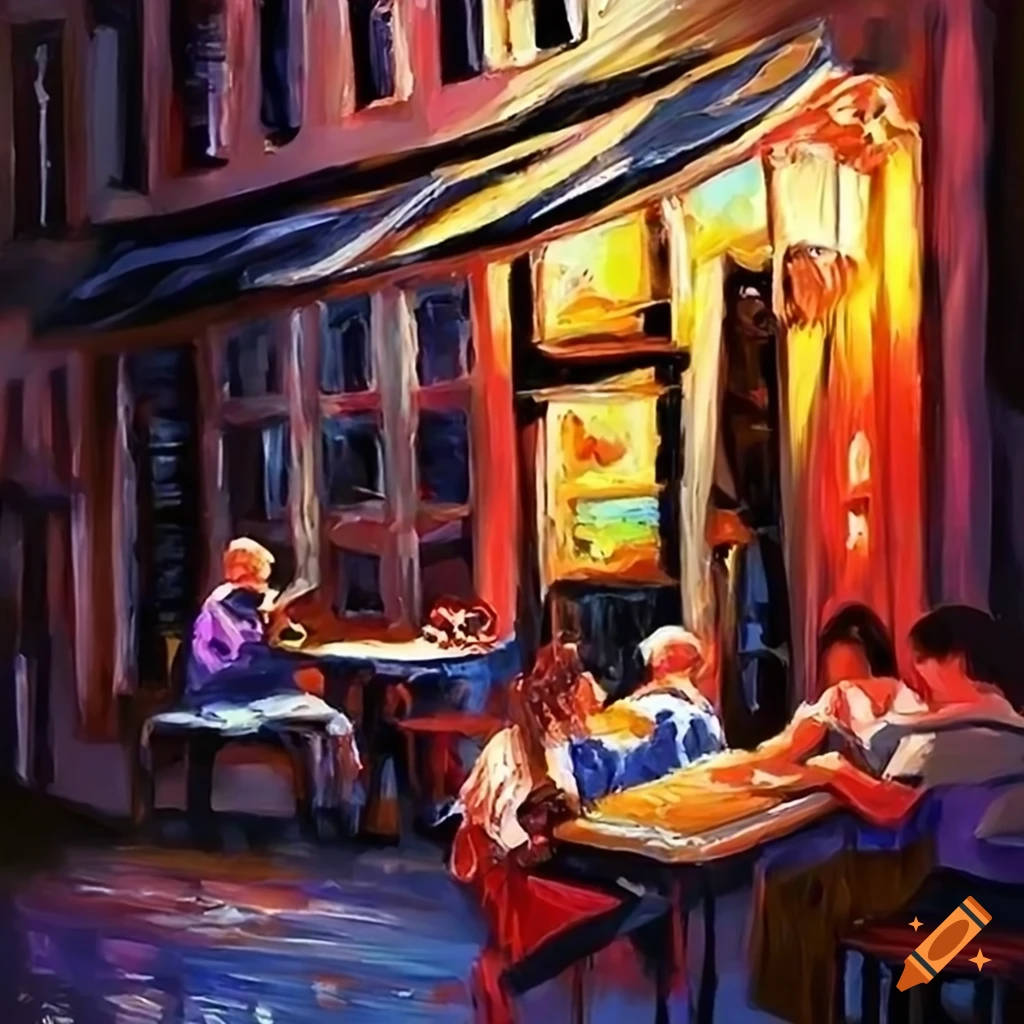 Impressionist cafe painting with lively windows at night on Craiyon