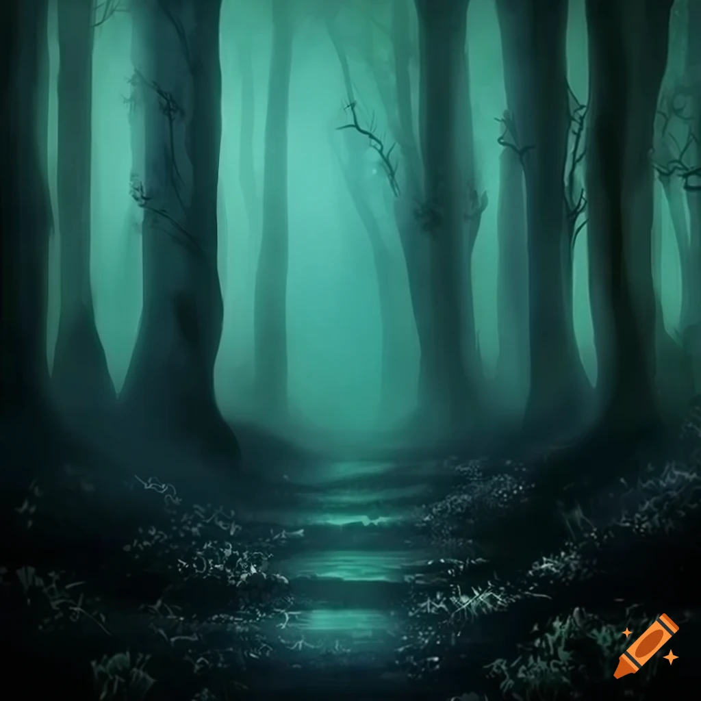 Enchanted forest path lit by fireflies leading towards a distant glow ...