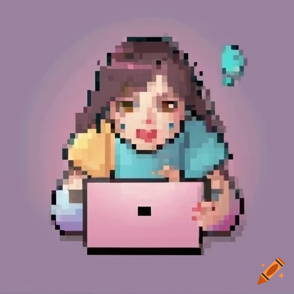 Pixelated girl hugging cute computer in pastel colors on Craiyon
