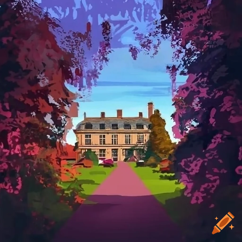 Jane eyre behind a mansion with colorful garden, illustration on Craiyon