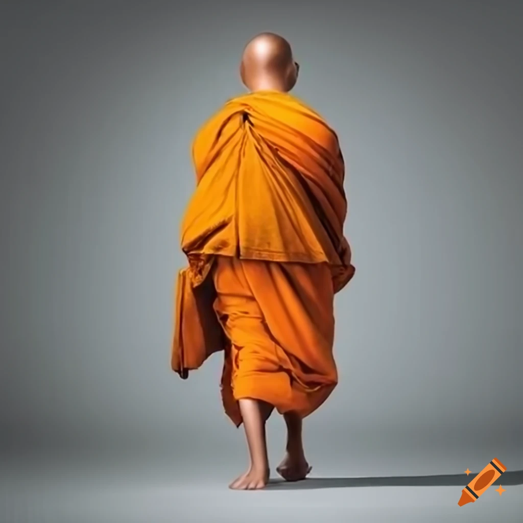 Thai Buddhist monk in orange robes walking away in soft light on Craiyon