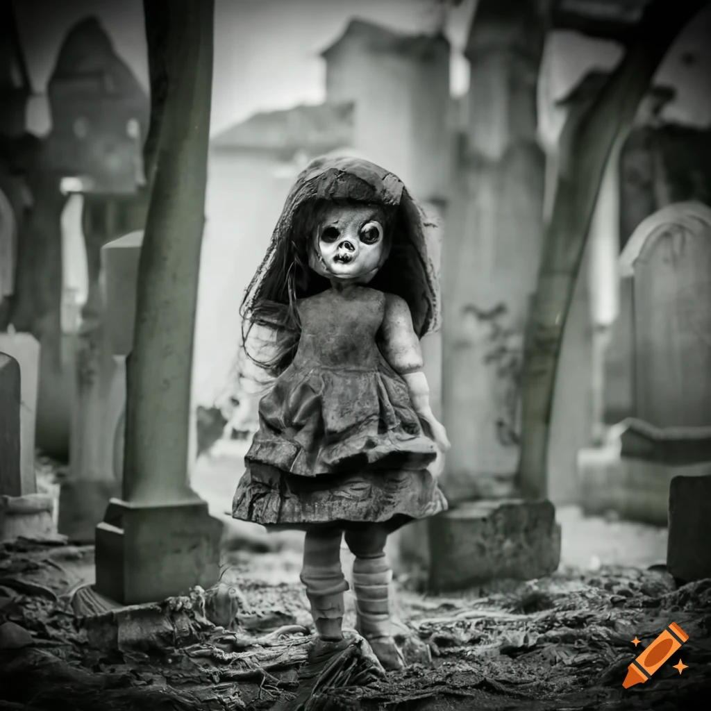 Creepy doll in a cemetery on Craiyon