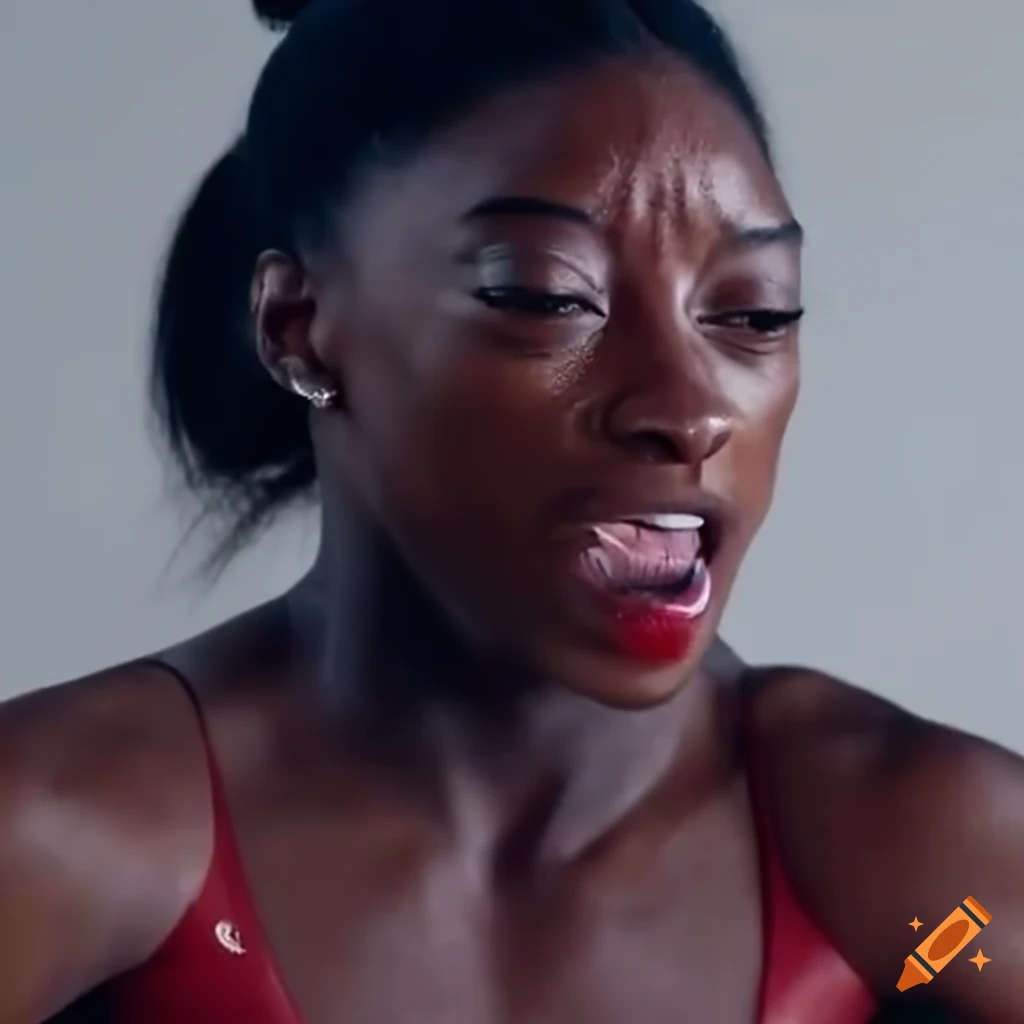 Bruised Simone Biles fighter with stunned and dizzy expressions on Craiyon