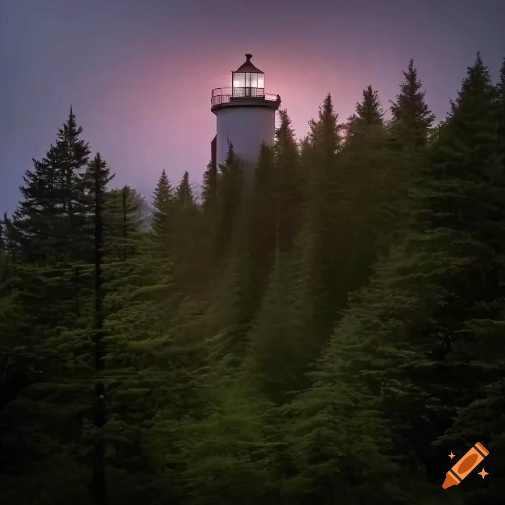 Lighthouse shining in the distance with a clearing and forest in ...