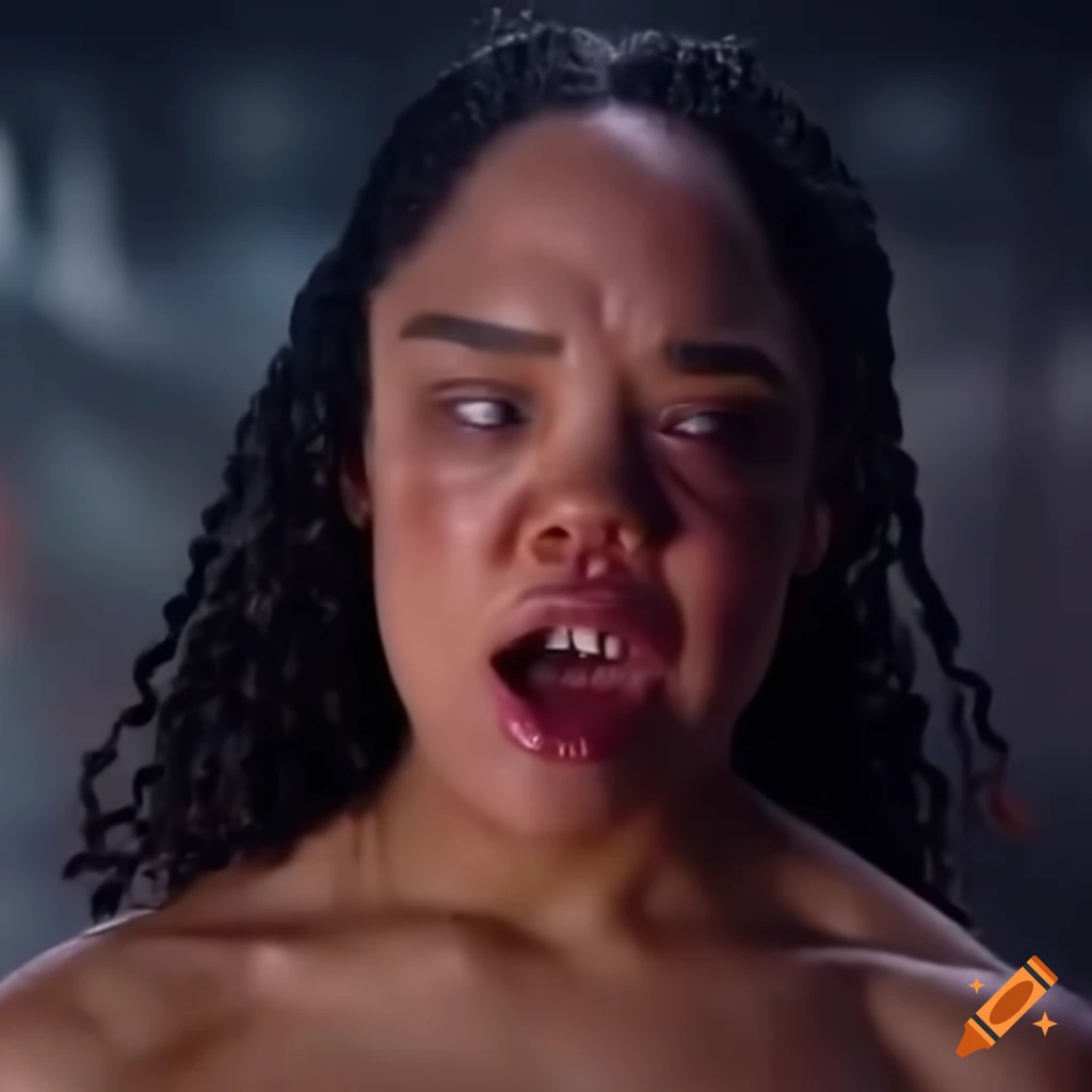 Bruised Tessa Thompson portraying a martial fighter with stunned and ...