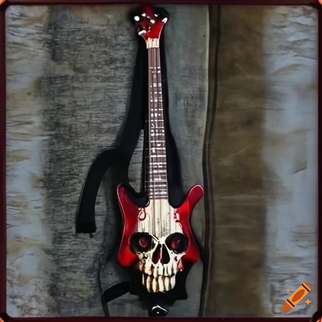 Skull-shaped bass guitar for heavy metal music on Craiyon