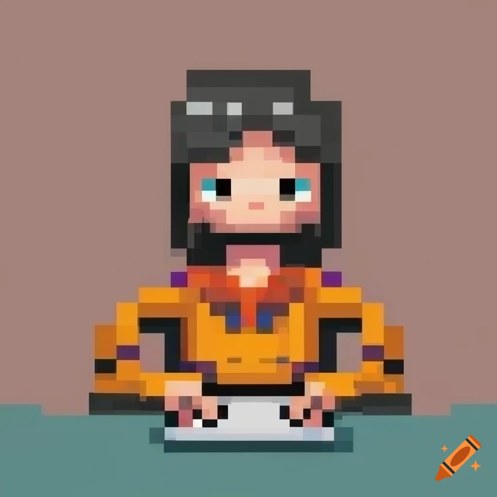 Pixel art of a girl at a computer table with an orange color scheme on ...