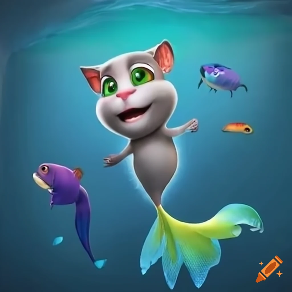 Talking tom transformed into a mermaid with fish tail in a nautical ...