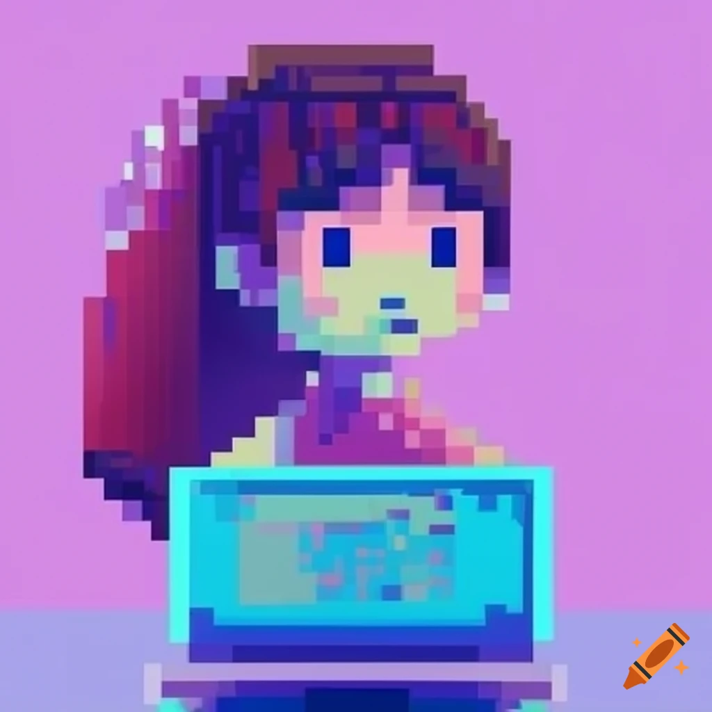 Abstract pixelated girl with a cute computer in muted Ghibli-inspired ...