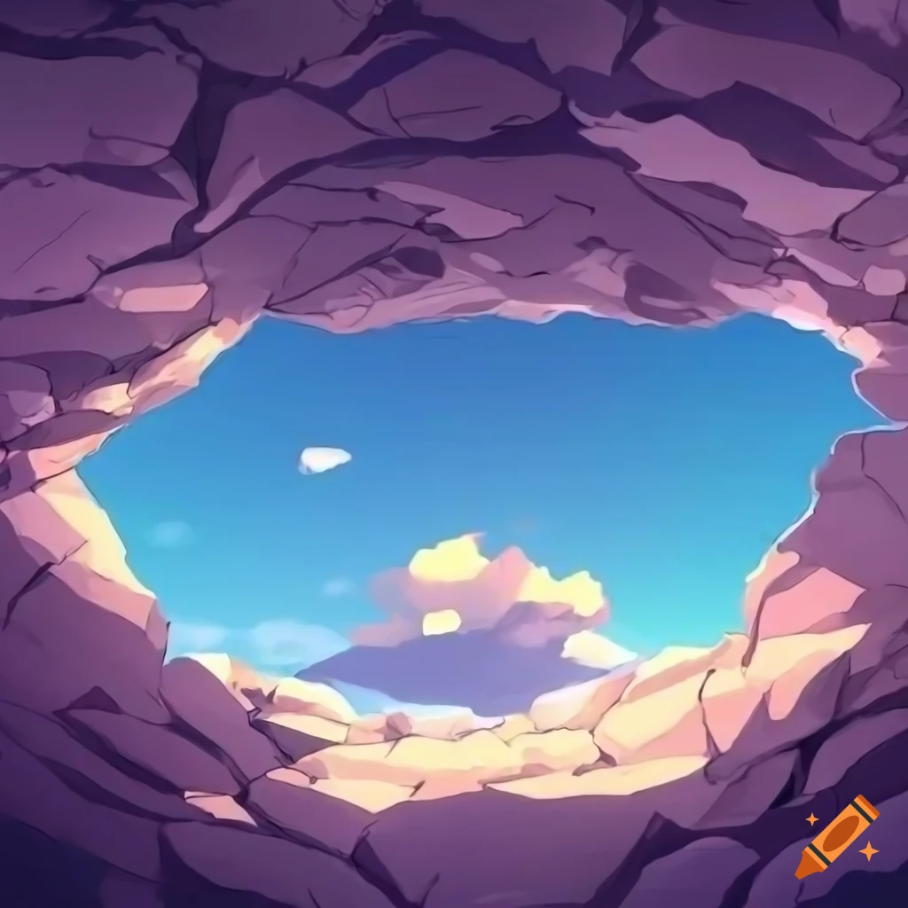 Low angle view of rocky ceiling with sky visible, anime style ...