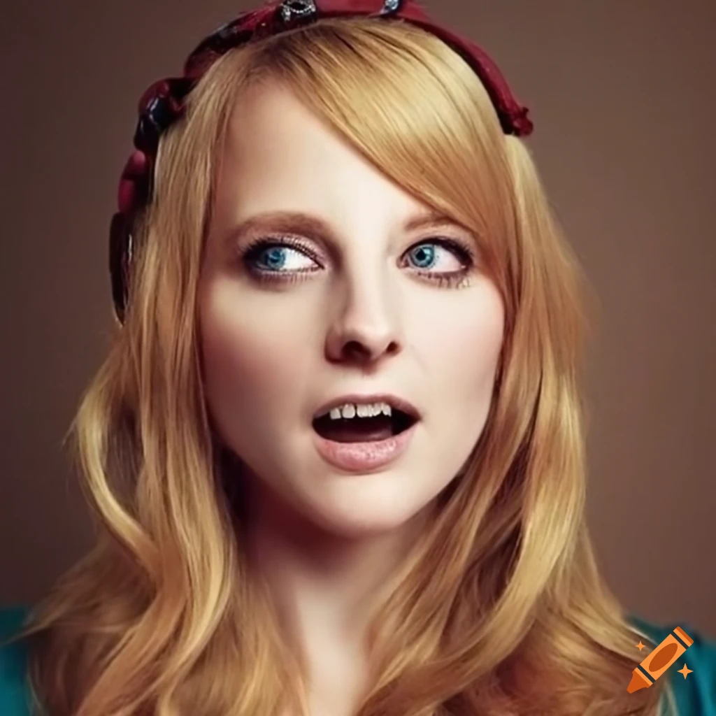 Headshot of melissa rauch with intense expression and open mouth on Craiyon