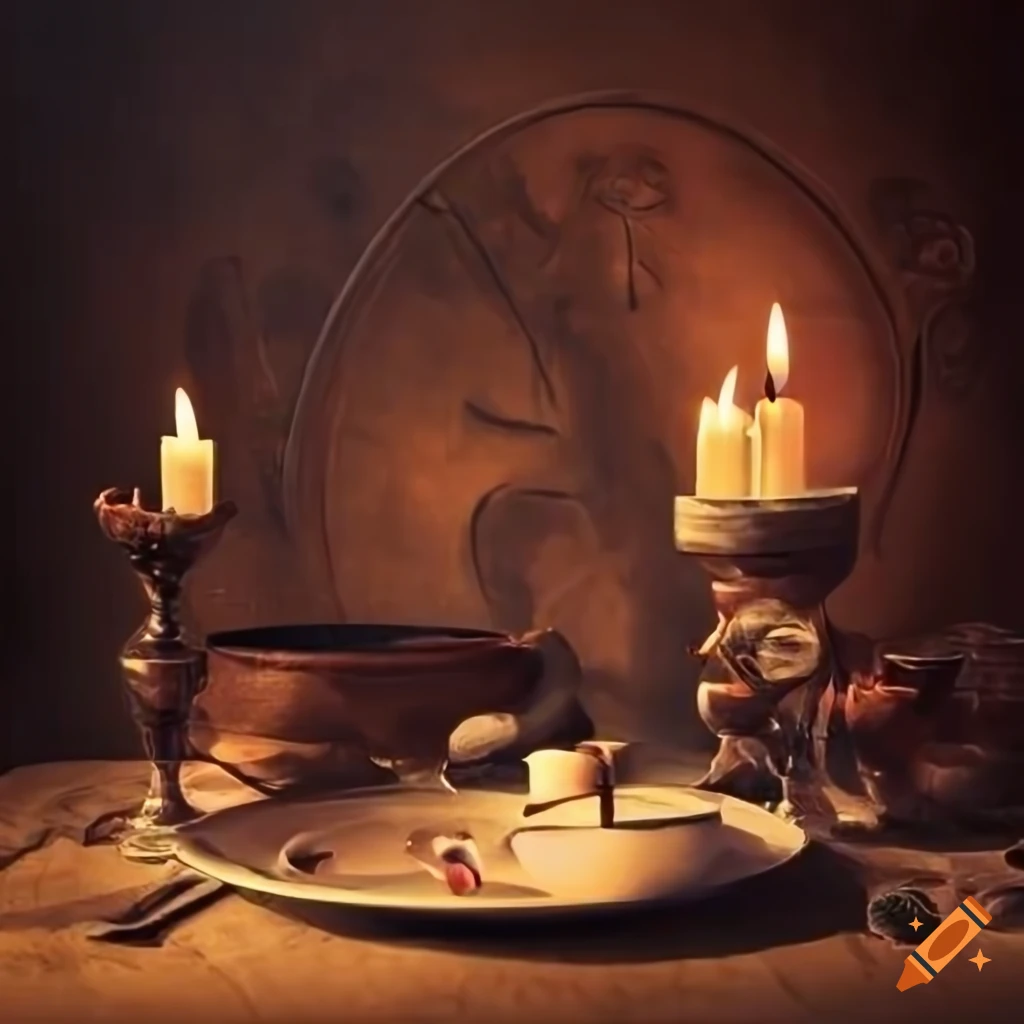 Medieval fantasy style table with goblet, dish, and candles on Craiyon