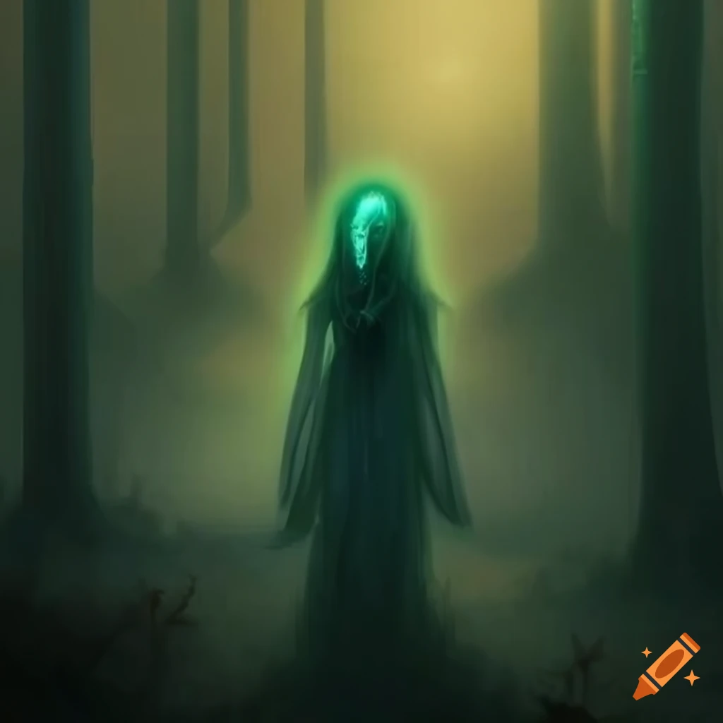 Glowing will-o'-the-wisp in an enchanted forest with silver and gold ...