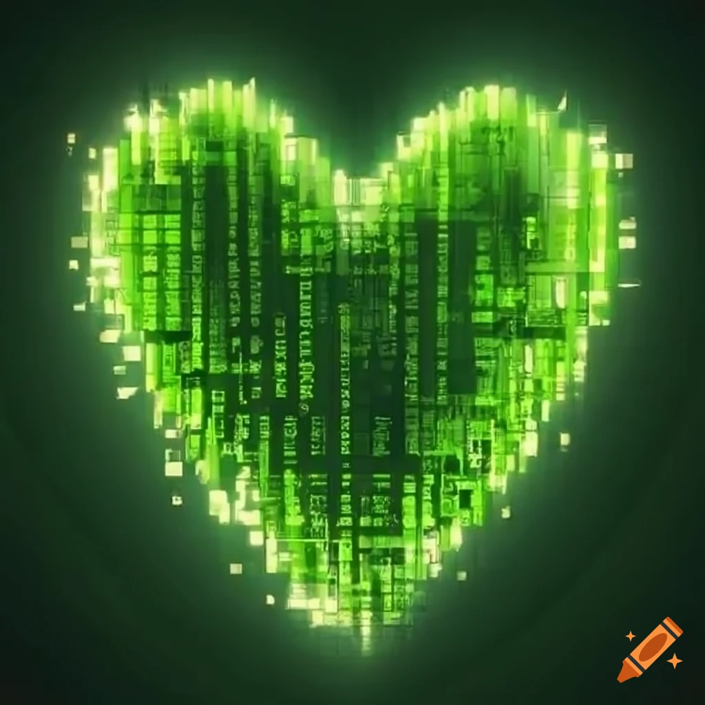 Heart made of matrix-like green ascii text strings on Craiyon