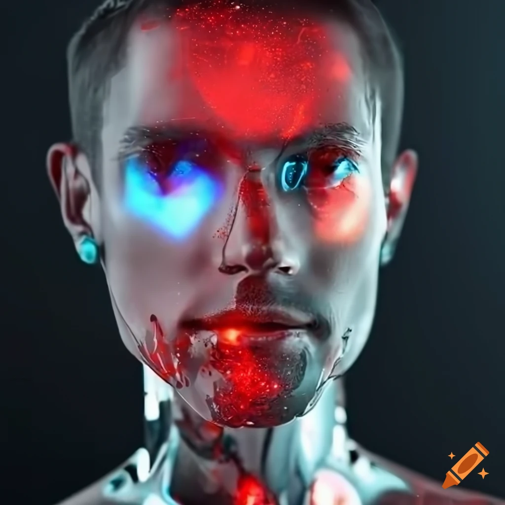 Ai cyborg with a red glitter human body on Craiyon