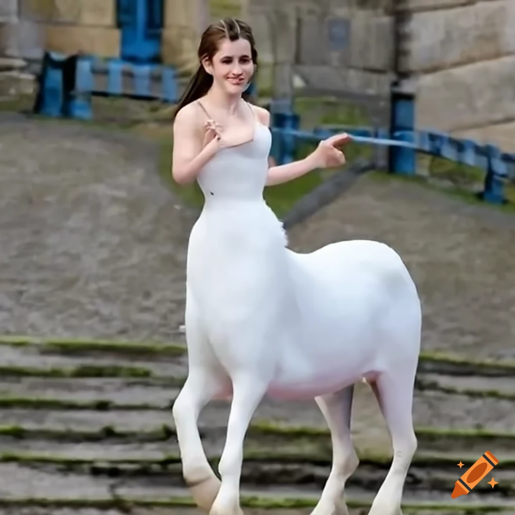 Smiling Emma Watson as a white centaur princess standing before a grand ...