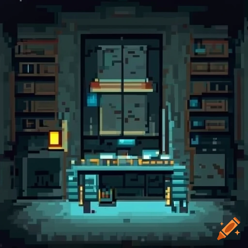 Pixel art of a police station interior with a table and dim lighting on ...