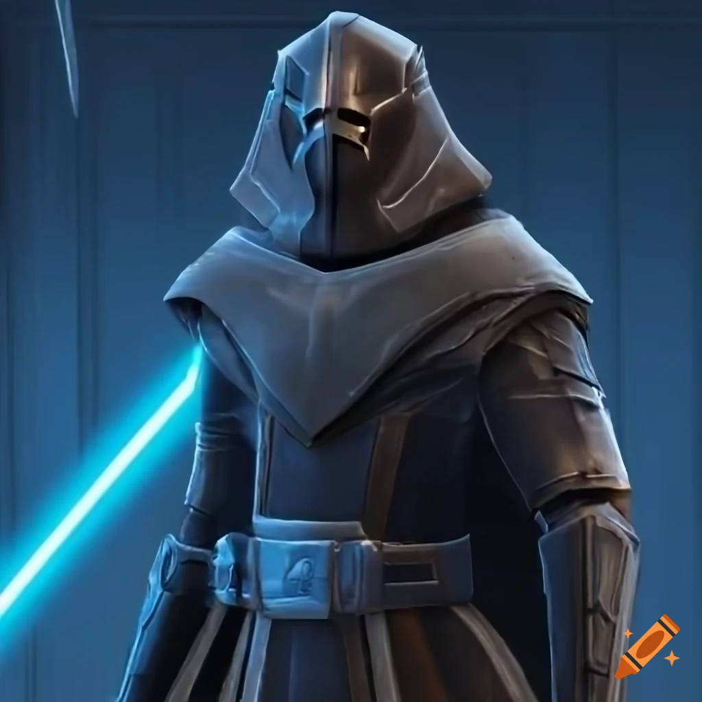 Legendary Jedi Knight standing in ancient ruins on Craiyon