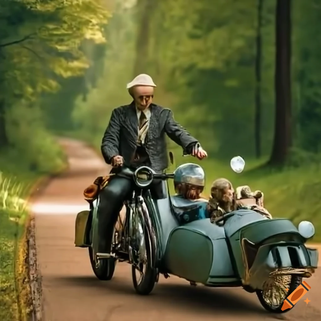 Thomas Jefferson riding a vintage motorcycle with a lynx in a sidecar ...