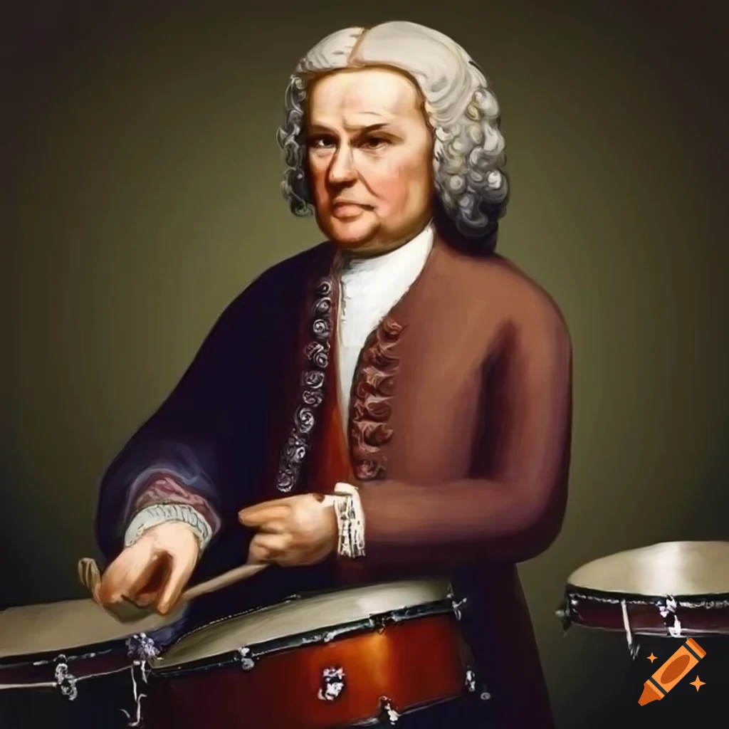 Portrait of j.s. bach playing the drum and various instruments on Craiyon