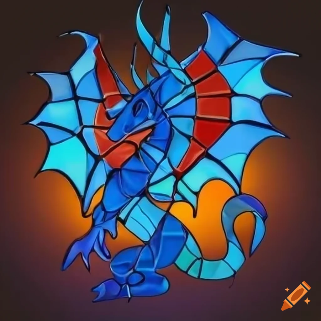Stylized simplified dragon stained glass in shades of blue on Craiyon