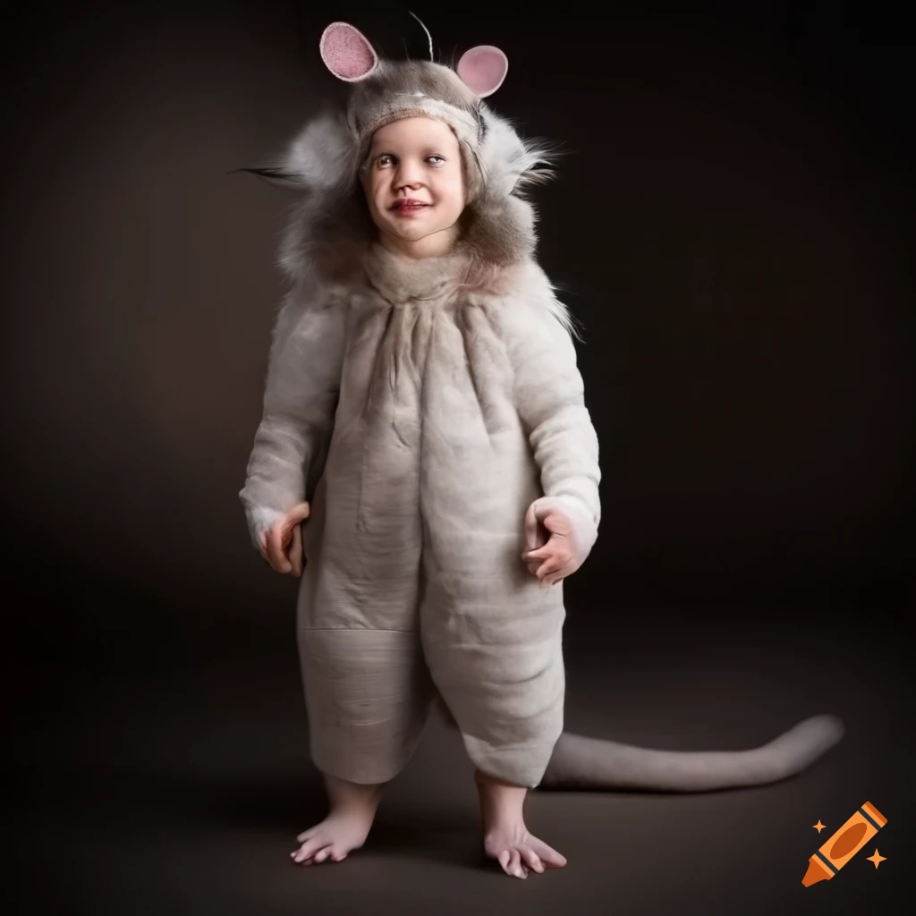 Child in a gray rat costume with a rat-shaped headdress on Craiyon