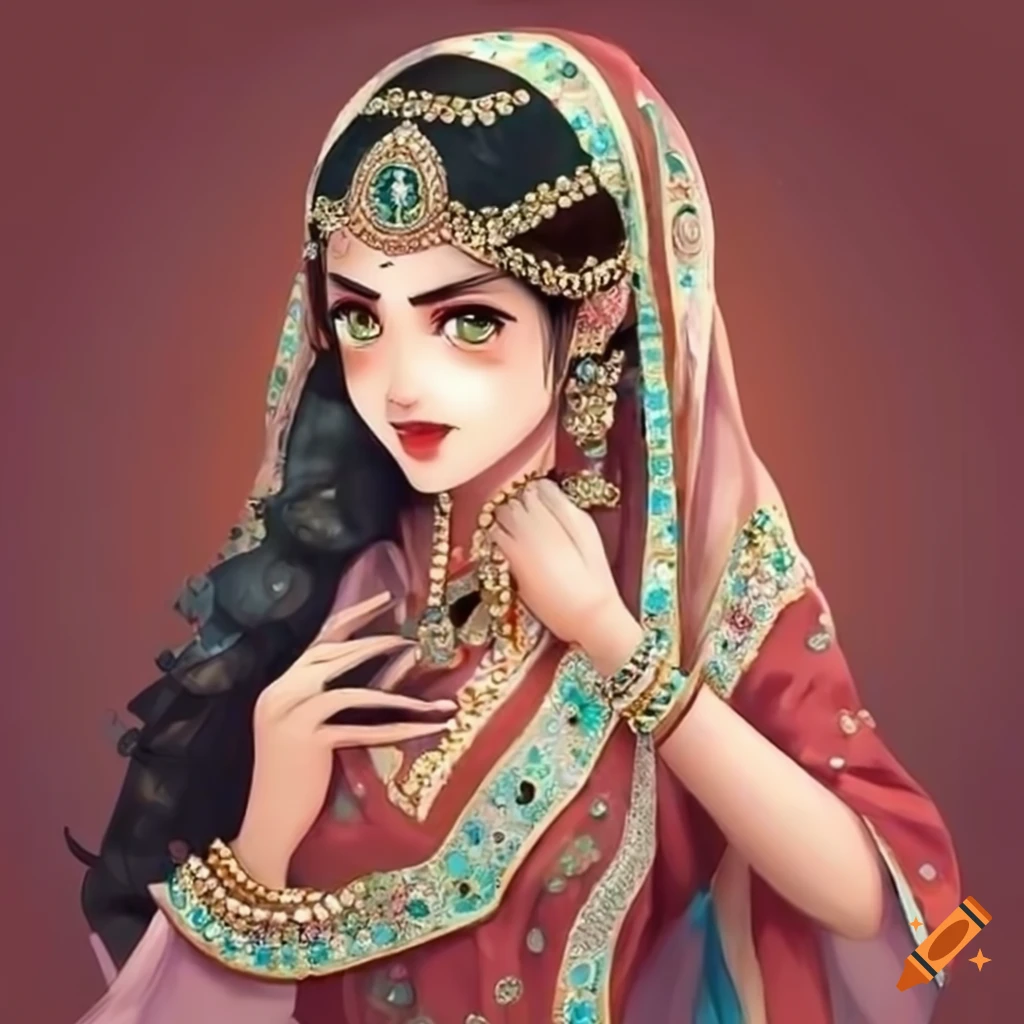 Beautiful Pakistani anime girl in traditional ethnic costume on Craiyon
