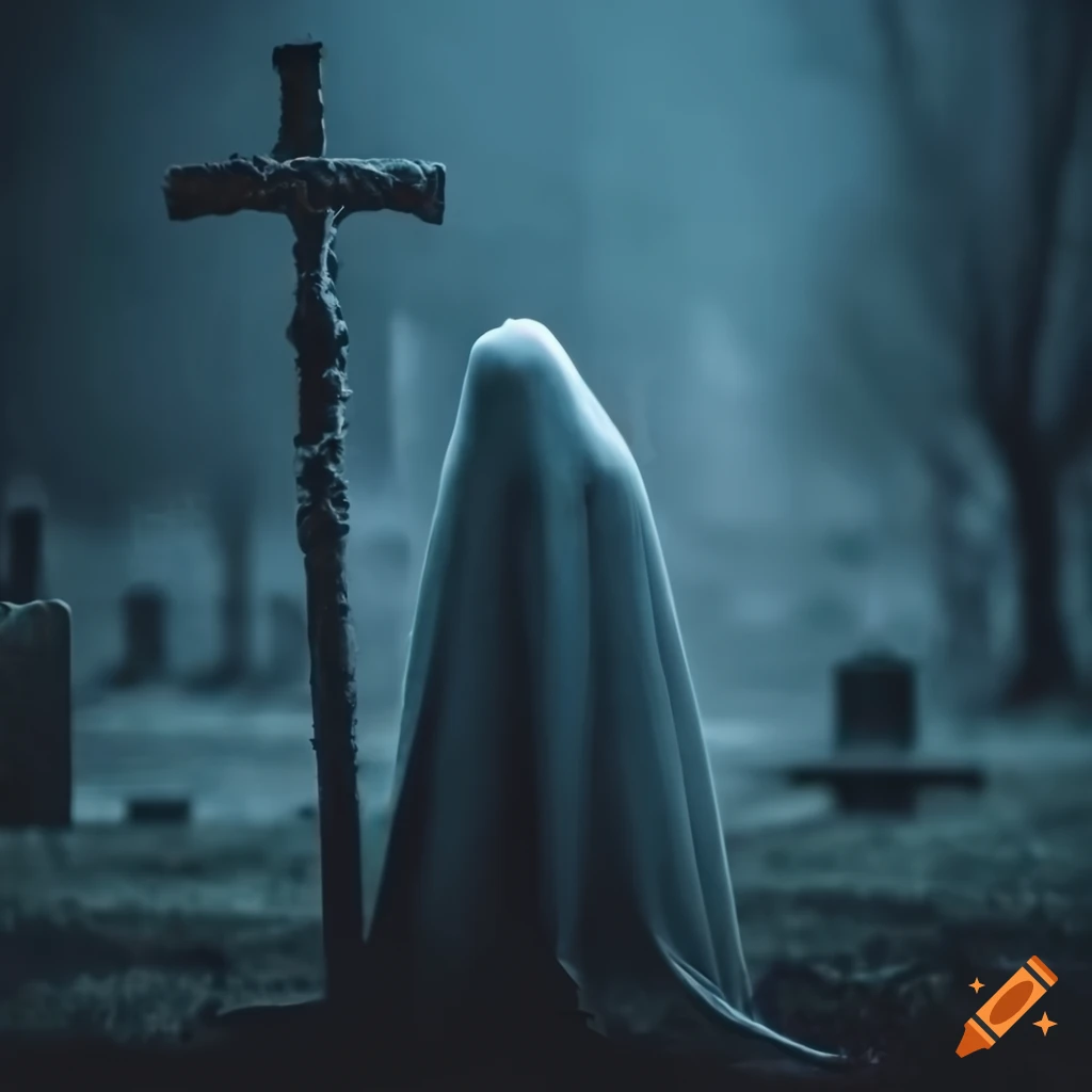 Ethereal ghost in a nighttime cemetery on Craiyon