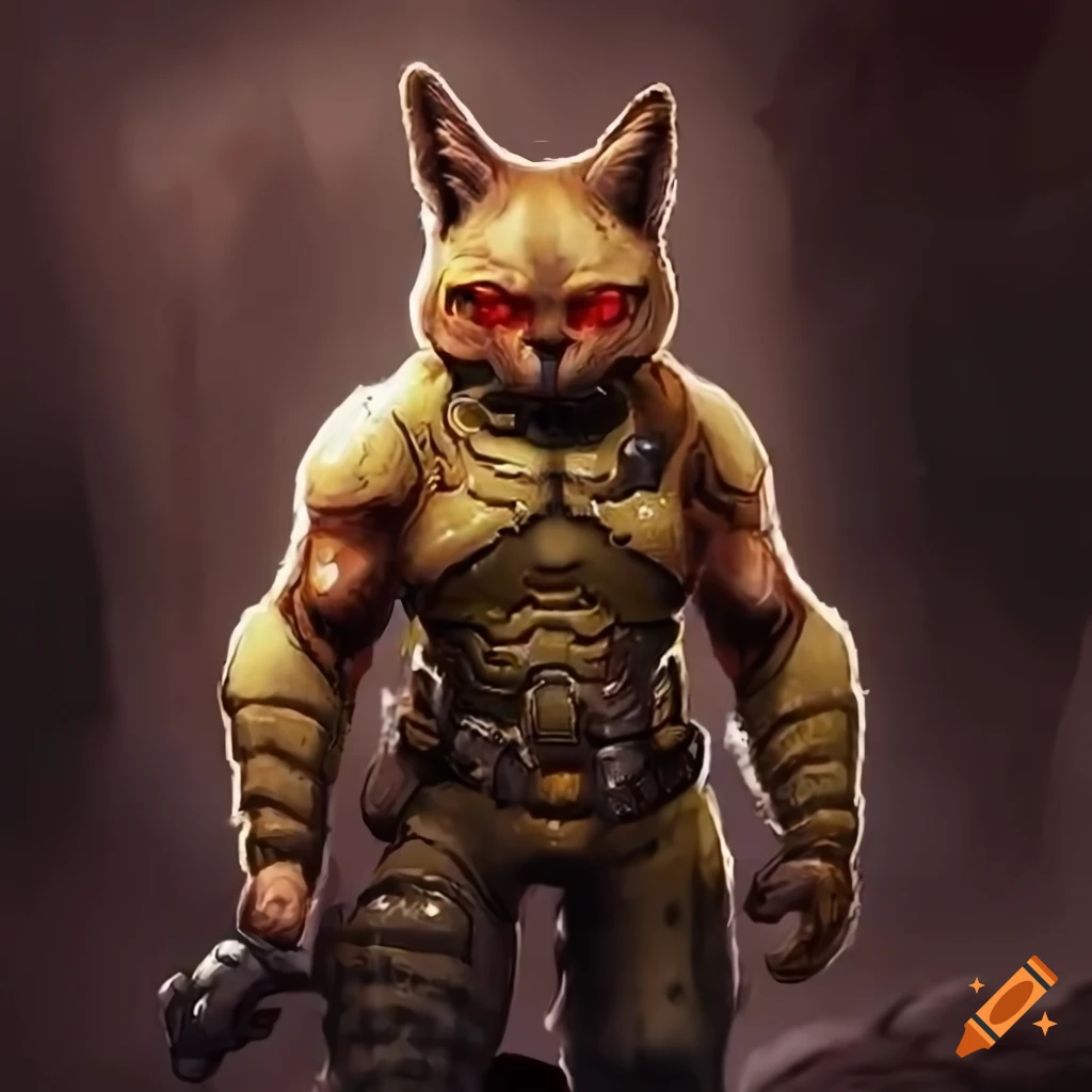 Artistic depiction of doomguy as a cat on Craiyon