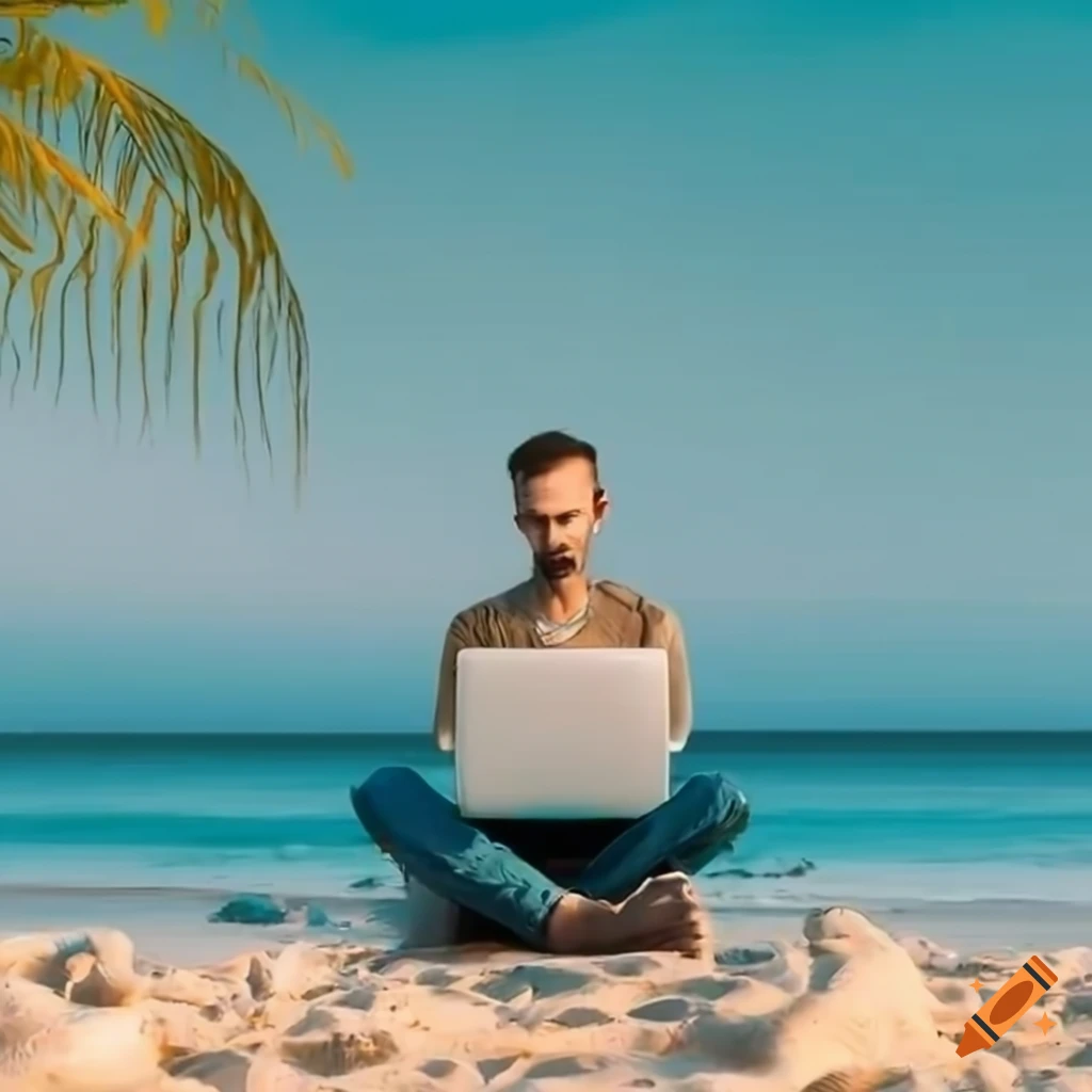 Professional programmer with a laptop on the beach on Craiyon