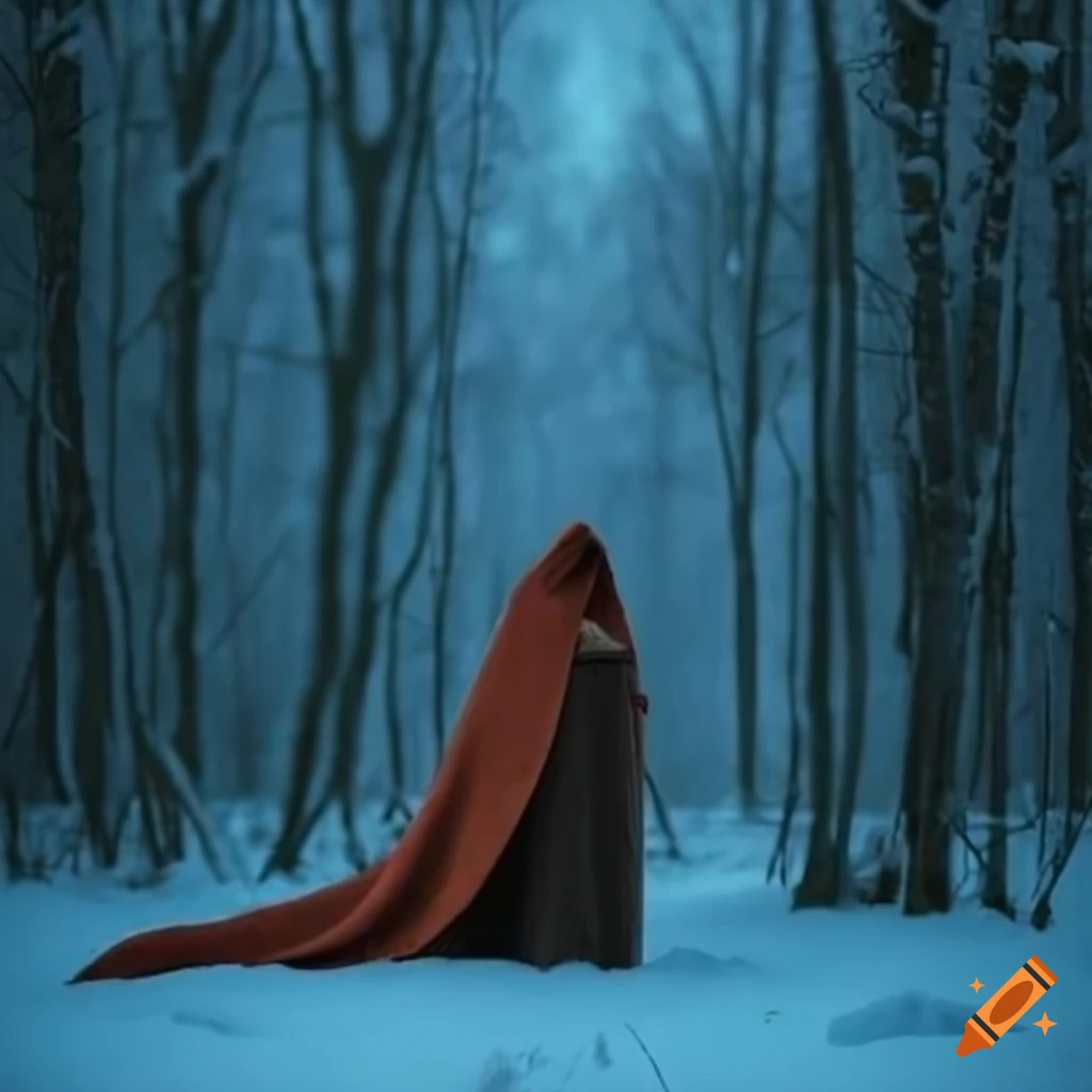 Mysterious figure in a winter forest wearing a cloak on Craiyon