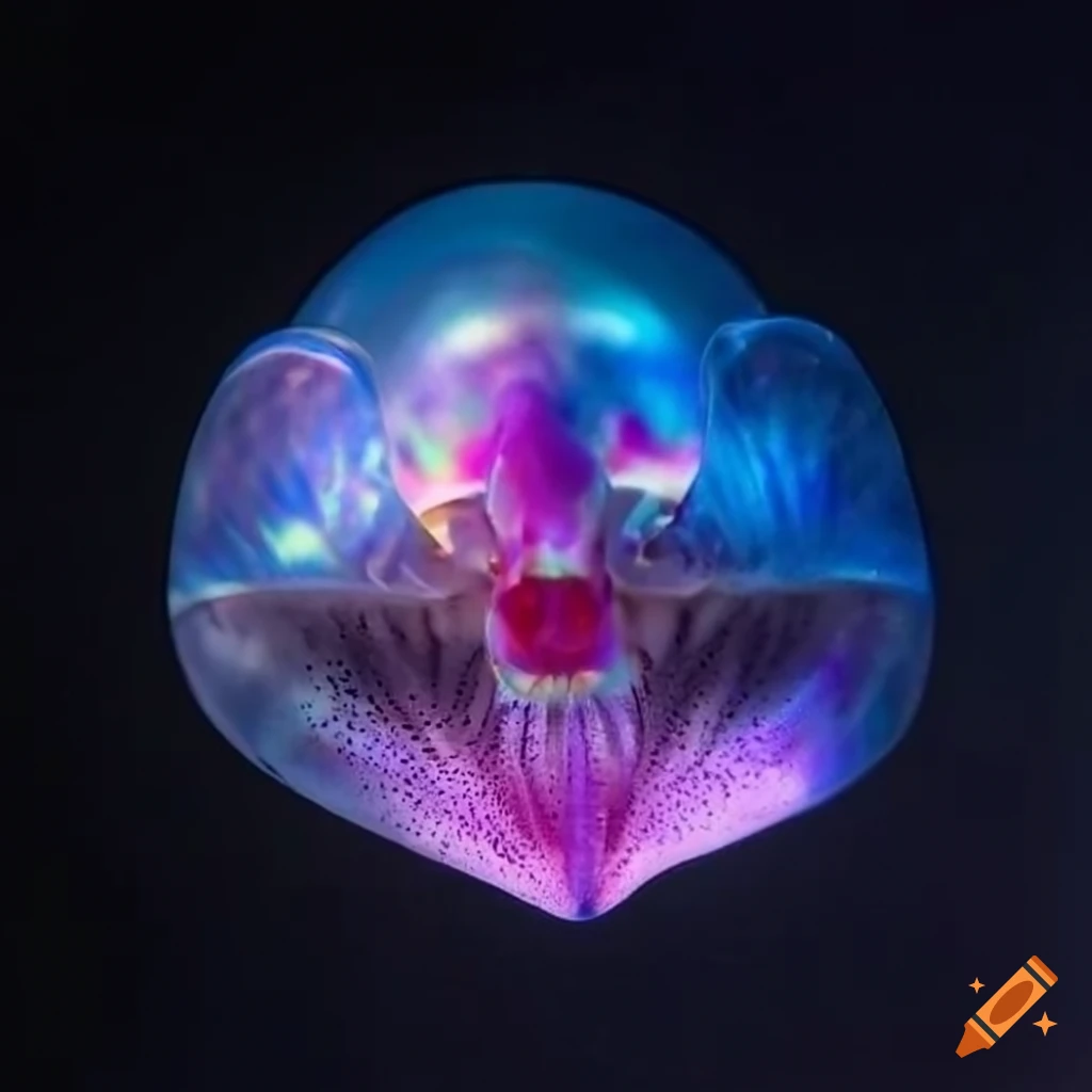 Translucent and iridescent squid-like deep-sea creature underwater on ...