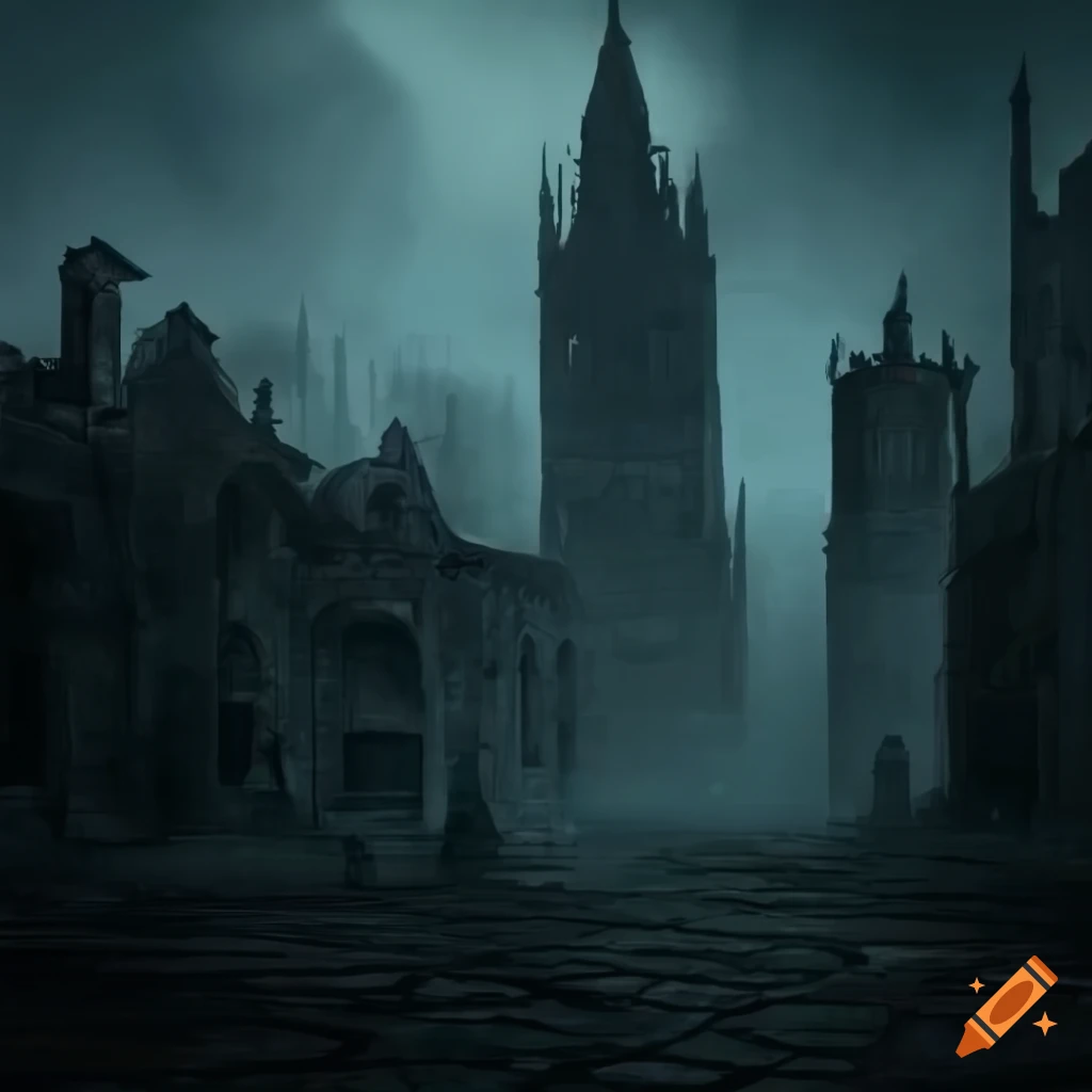 Ruined medieval city in shadow and darkness on Craiyon