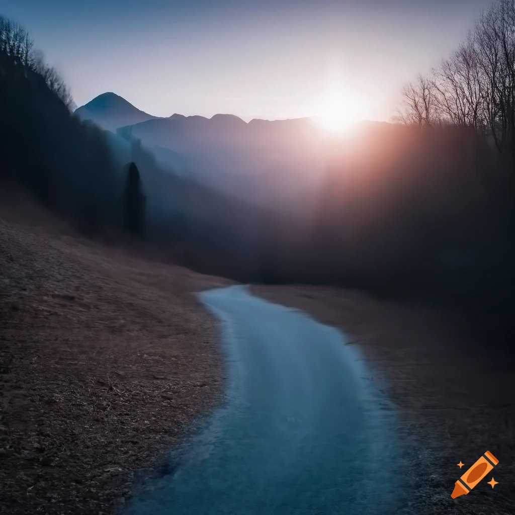 Winding path through a desolate landscape leading to a foreboding ...