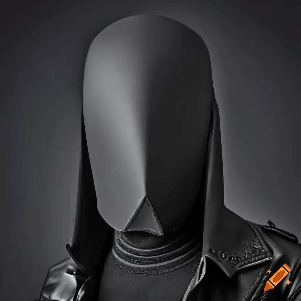 Close-up of android with long faceless head and black leather coat on ...
