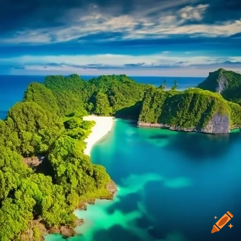Tropical islands with treetops and cliffs on Craiyon