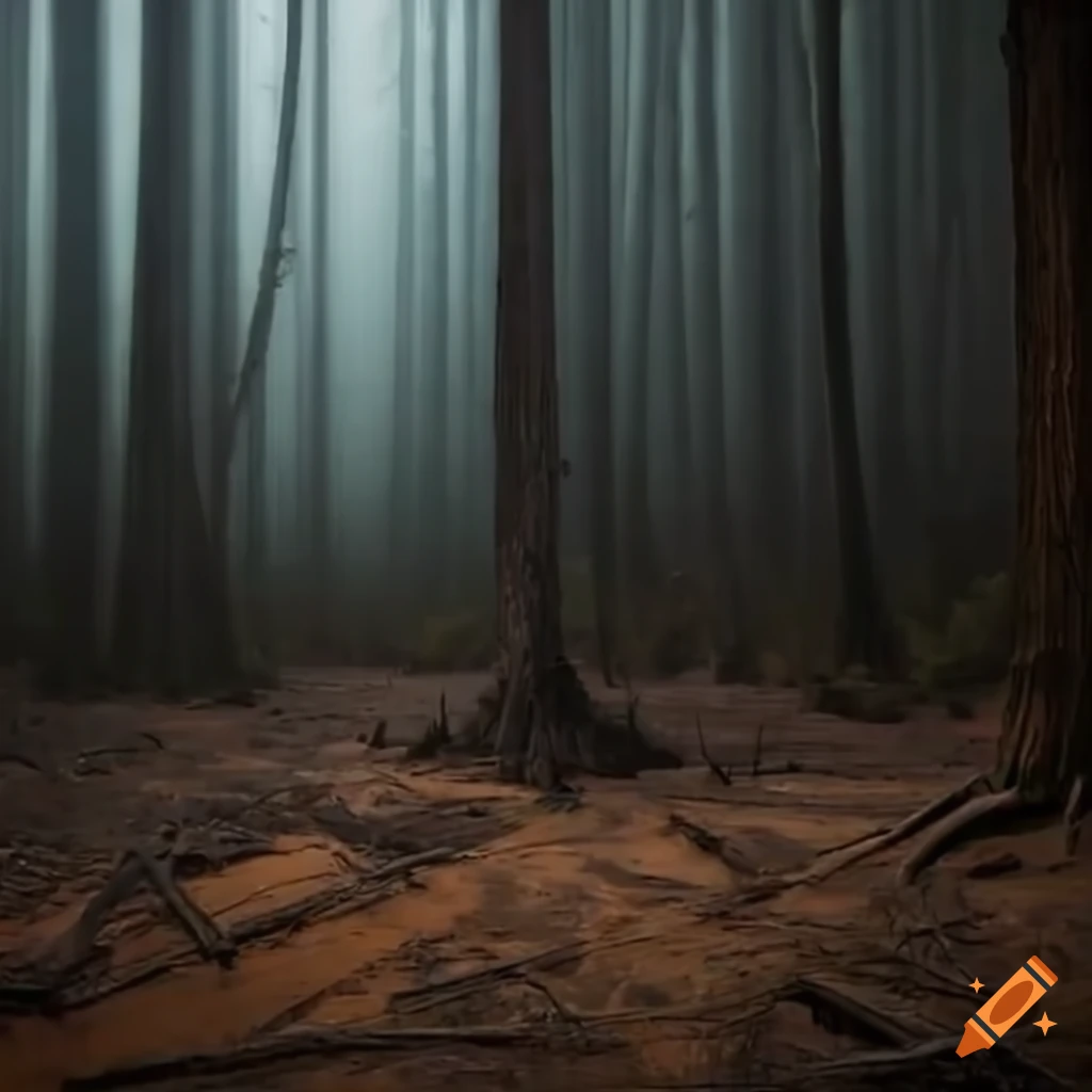 Destroyed forest wasteland seen from a high vantage point on Craiyon