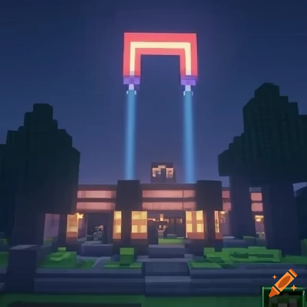 Entrance of a three-story commercial complex within the minecraft game ...