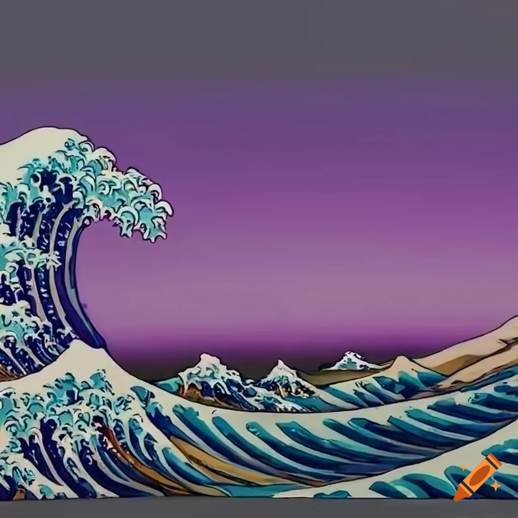 The great wave off kanagawa with purple water and scanline filter on ...