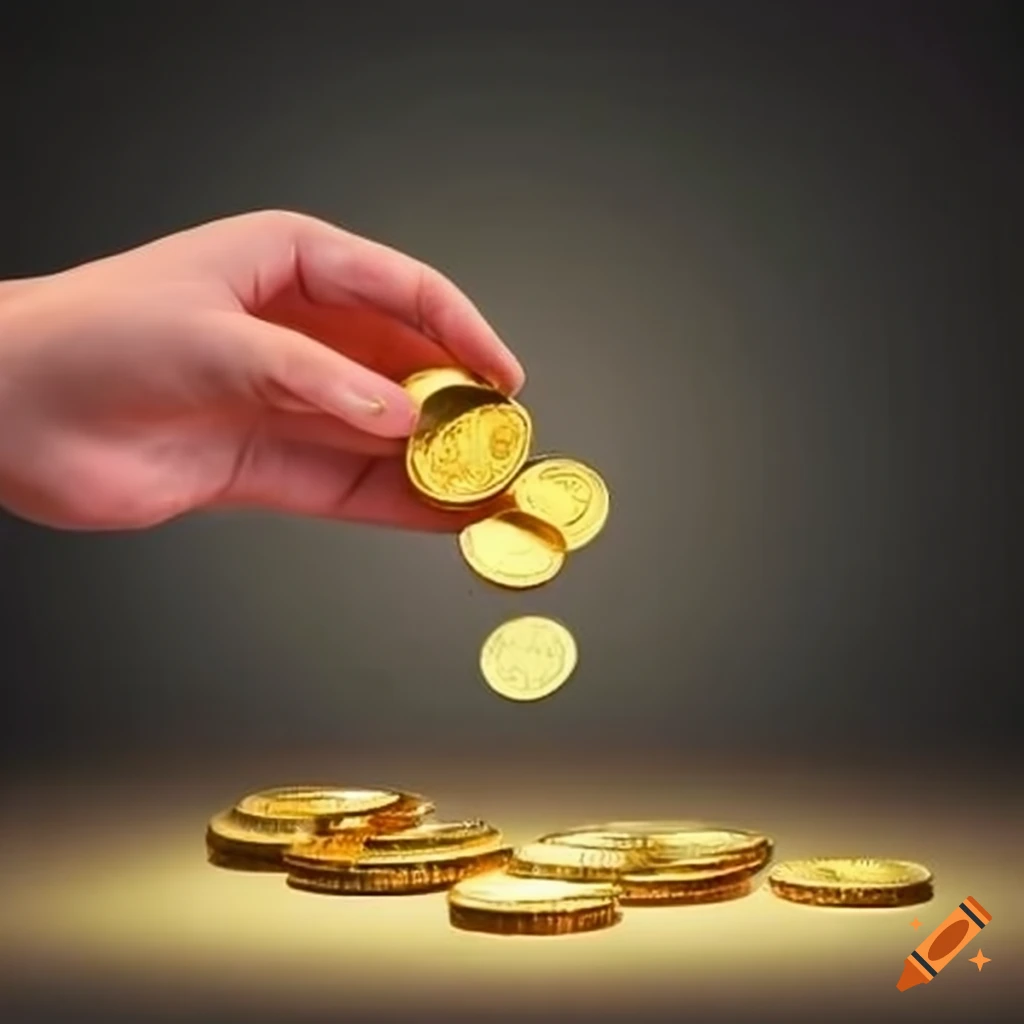 Golden coins being dropped from one hand to another on Craiyon