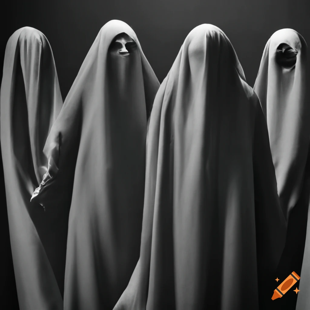 Four classic ghosts in sheets, one in black, in a row on Craiyon