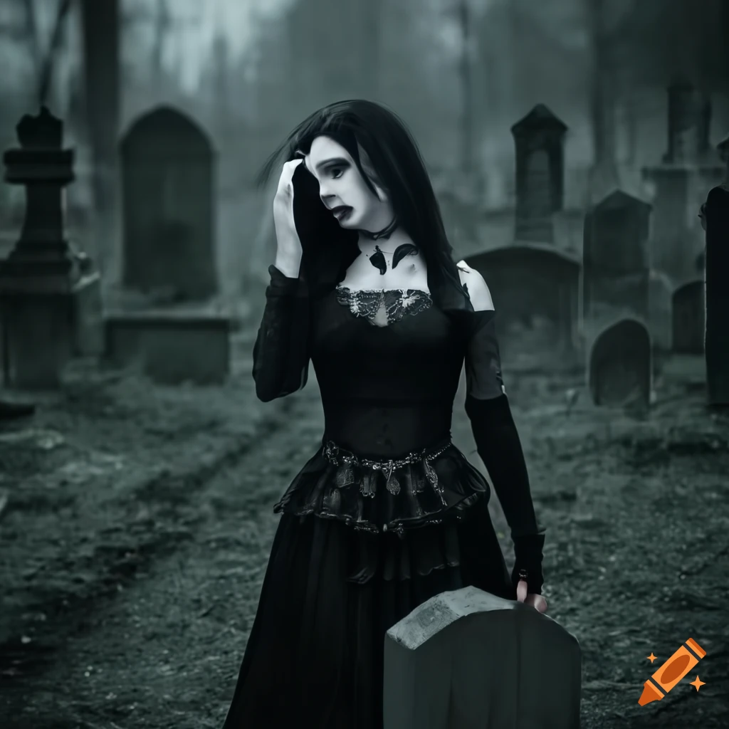 Woman in black and white gothic outfit visiting cemetery on Craiyon