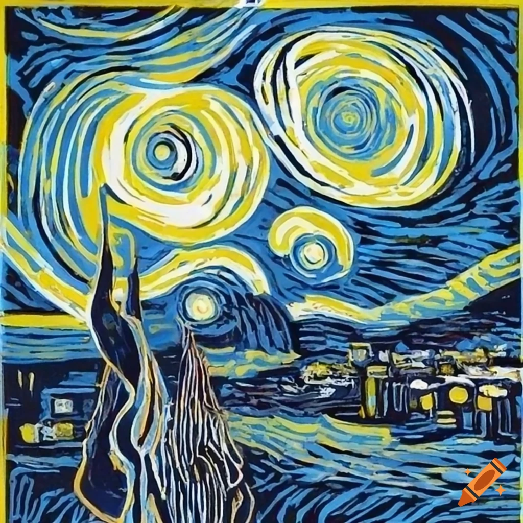 Starry night lino print inspired by Van Gogh on Craiyon